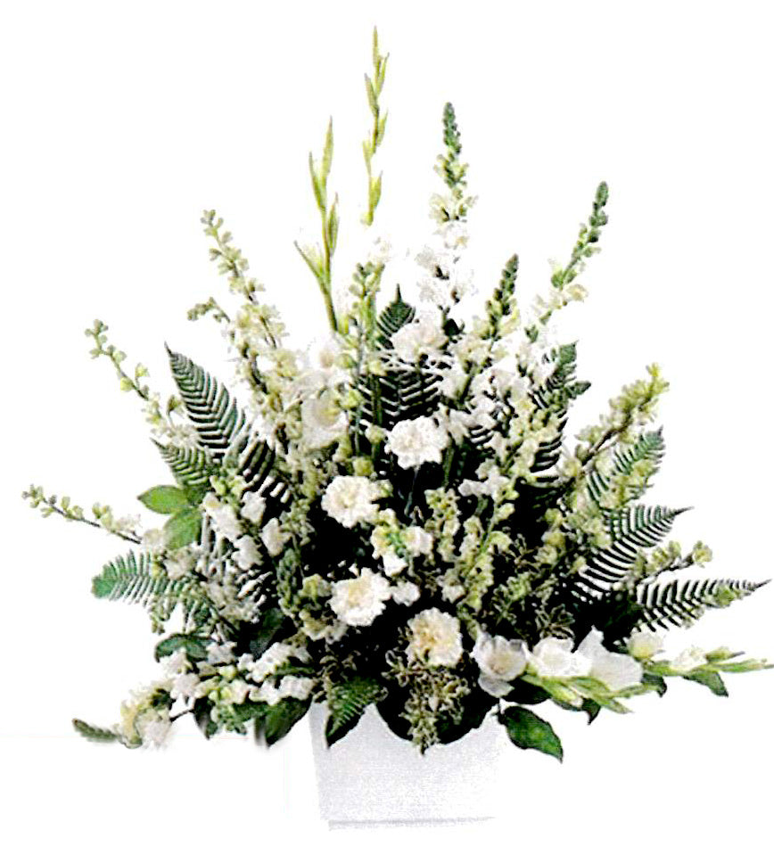 White Flowers and Greens Basket – Treasured Memories Gift Center